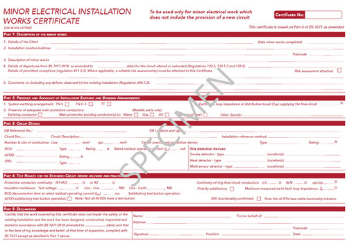 MINOR ELECTRICAL WORKS CERTIFICATE BS 7671: 2018+A2:2022 | Docs-Store