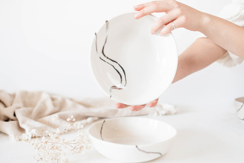 White Gold River Ceramic Porcelain Pasta Bowl | niikcreative