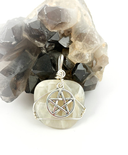 Polished Moonstone and Pentacle Pendant | Wicked Stones