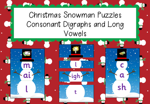 Christmas Snowman Puzzles: Consonant Digraphs and Long Vowels