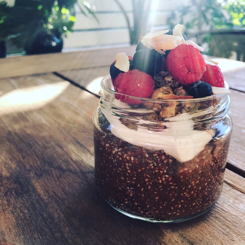 Choc Chia pods with yoghurt and berries