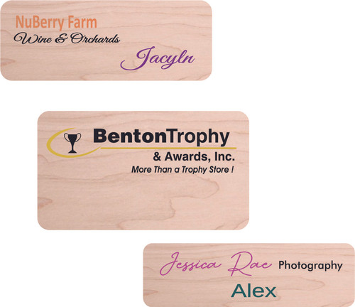 Laser Cut Sublimated Natural Maple Name Badges | BentonTrophy