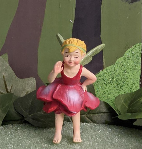 Fiddlehead Fairy Garden Miniature Rose Fairy Bell Stake Red Rose Dress ...