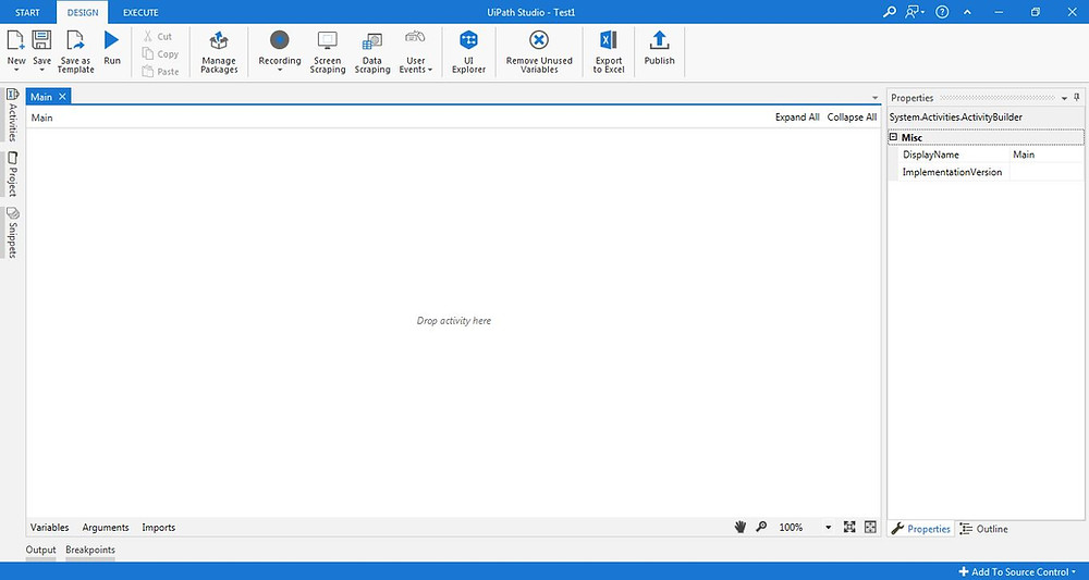 The UiPath Studio Interface - development workspace | Part 1