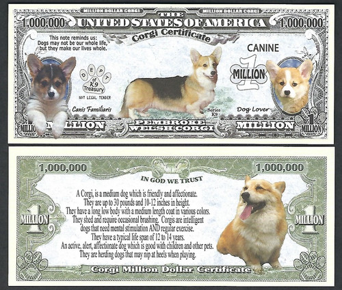 Corgi dog Million dollar certificate w traits | Novelty Notes