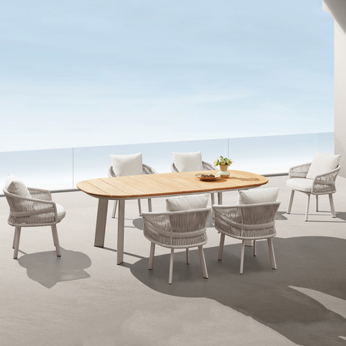 HIGOLD Aio 7 Pieces Teak Outdoor Dining Set With White Cushions ...