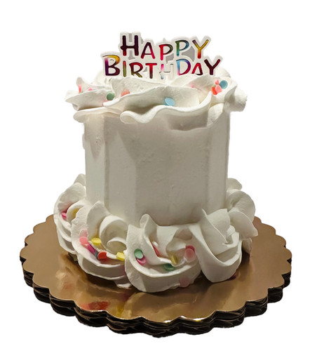 Mini White Happy Birthday Fake Cake (4"x 4.5") | Dezicakes