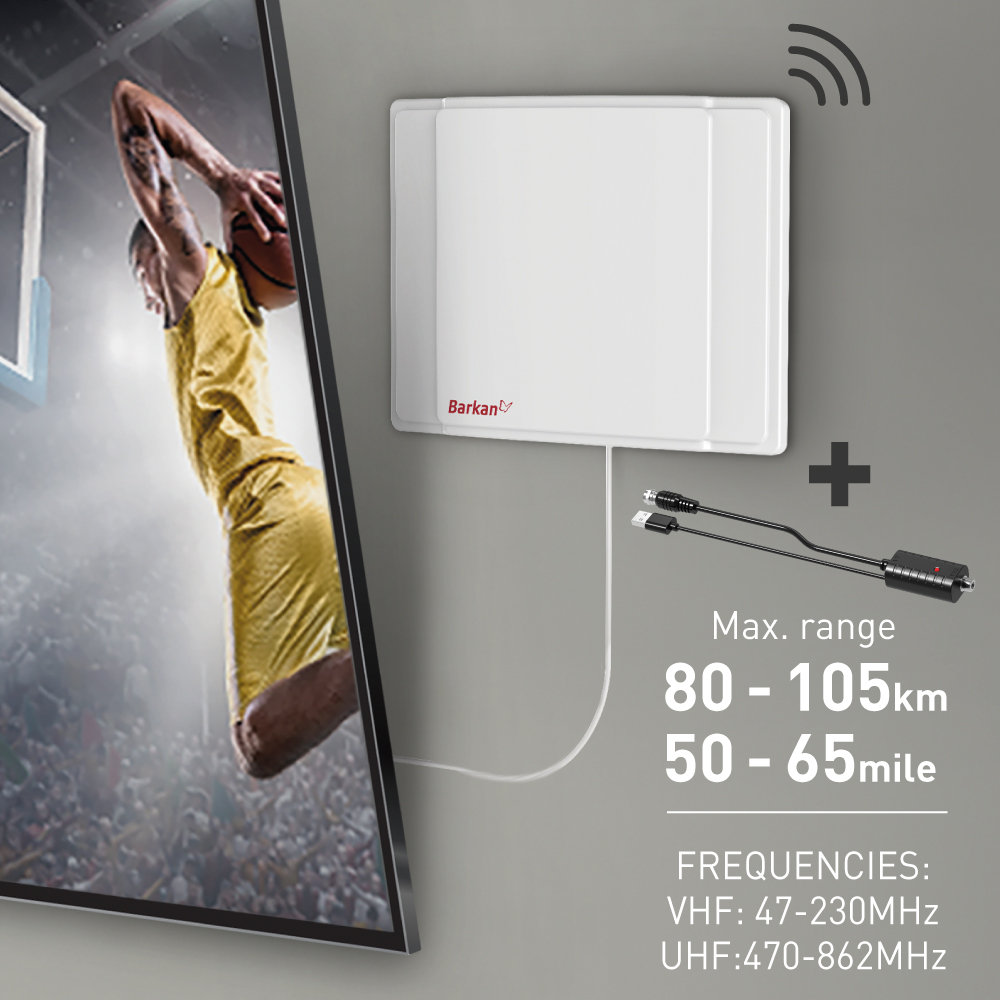 Indoor HDTV Tabletop/ Wall Mounted Flat Amplified Antenna, 65Miles/ 105km