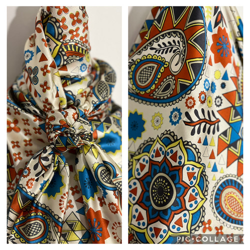 100% Silk Cream with Rust, Blue and Yellow Damask Pattern Wild Rag ...