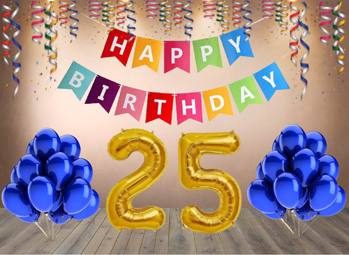 Number 25 Foil Balloon with 25 Nos Blue Balloons and Happy Birthday ...
