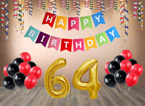 Number 64 Foil Balloon with 25 Nos Black Red Balloons and Happy ...