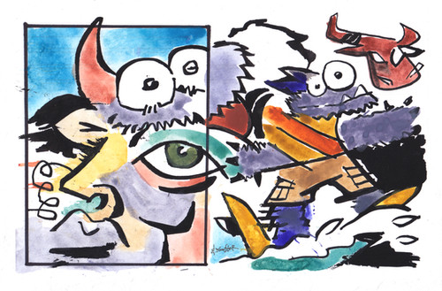 Easel Monster in Cargo Shorts Surfing with Picasso in a Cubist Style ...