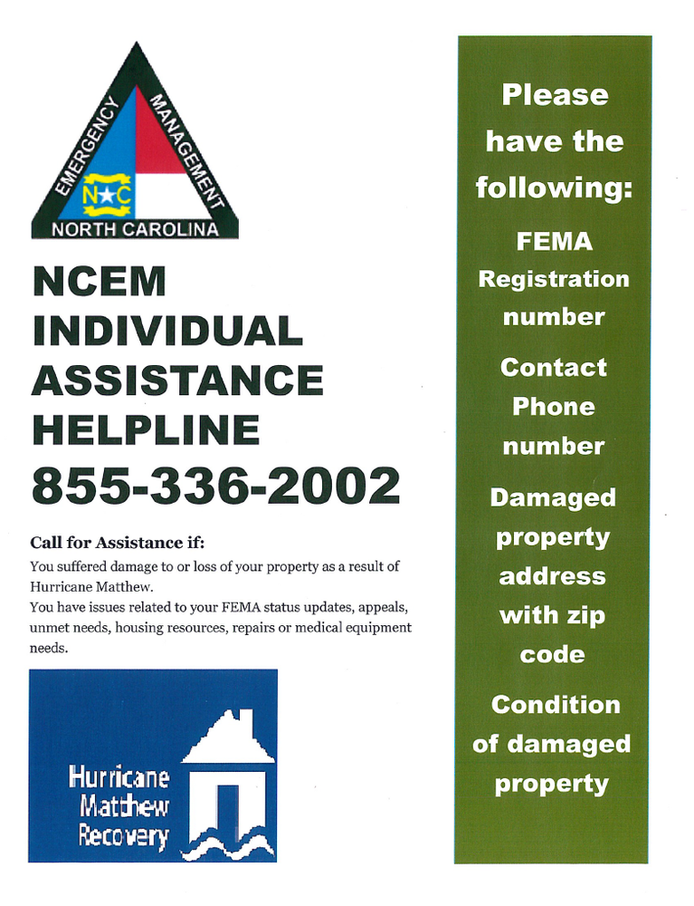 NCEM Individual Assistance Helpline