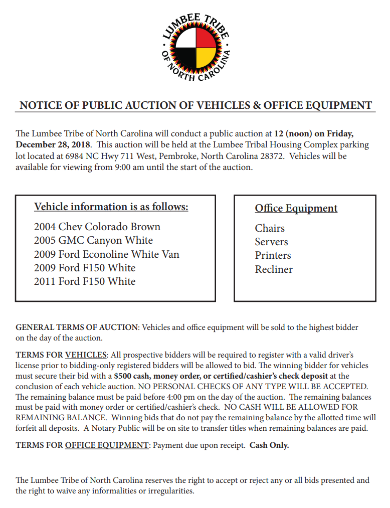 NOTICE OF PUBLIC AUCTION OF VEHICLES & OFFICE EQUIPMENT
