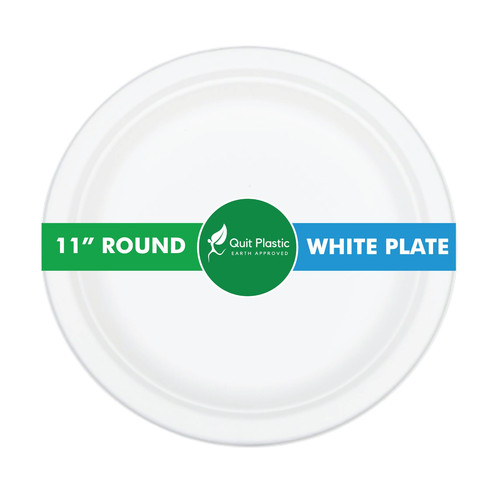 11 Inch White Round Sugarcane Bagasse Plain Plate | Quit Plastic