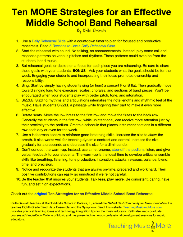 Ten MORE Strategies for an Effective Middle School Band Rehearsal