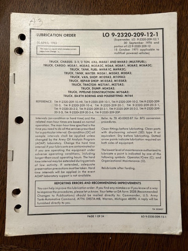 Military Manual LO 9-2320-209-12-1 | Roadside Relics LLC