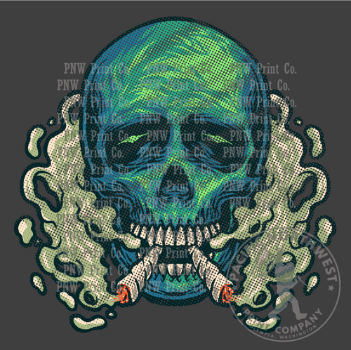 Skull Smoking Weed Distressed Halftone - DTF Transfer | PNW Print Company