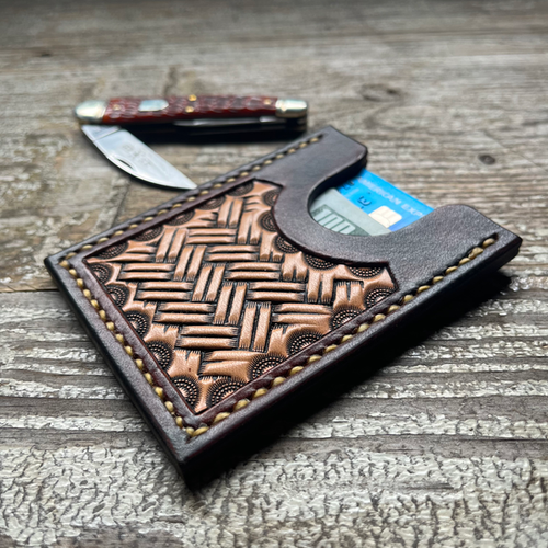 Tooled Card Wallet - Basket Weave | Sage Grouse Leather