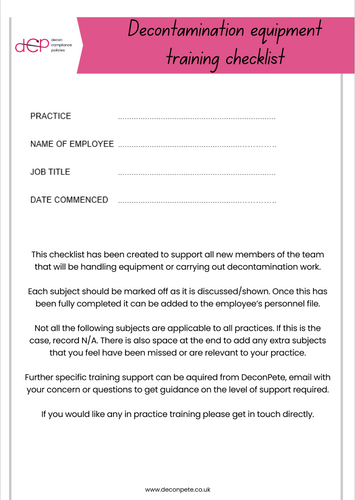 Decontamination Equipment training checklist | DeconPete