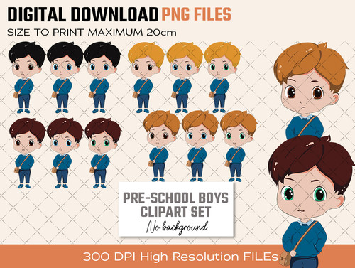 PRE-SCHOOL BOYS - LIGHT SKIN - 12 PNG WATERCOLOUR IMAGES - NO ...
