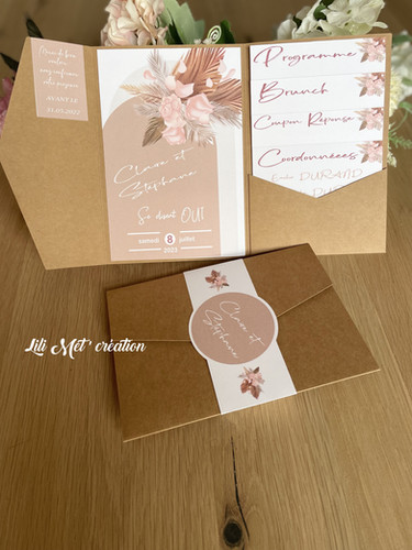 Faire-part mariage pampa rose et beige pochette kraft multicartes- FP10 ...