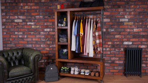Industrial Wardrobe Clothes Storage - Cast Iron Wheel Legs - Walnut ...