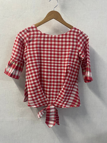 Gamcha red chequered Top with tie up at front bottom | The Tamarind Leaf