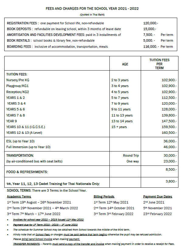 School Fees & Charges | Traill Interational School | Bangkok