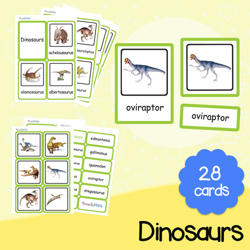Dinosaurs | Printable Montessori Flashcards | 28 Cards | Right Brain Kids