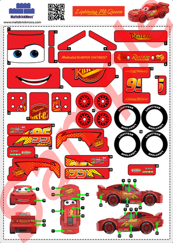 Sticker Sheet for Lightning McQueen Design Sku 950623 | MattsBrickMocs
