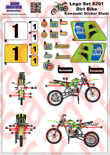 Lego Set 8291 Dirt Bike Kawasaki KX 500 Sticker Sheet Set | MattsBrickMocs