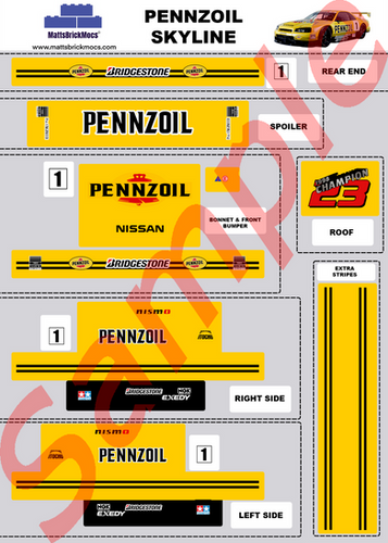 Sticker Sheet For Bonta's Moc 133352 Pennzoil Skyline R34 | MattsBrickMocs