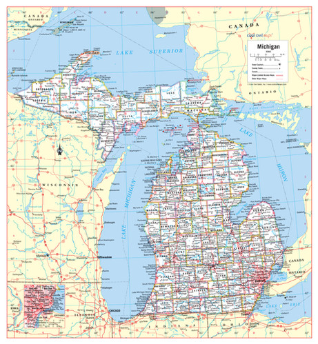 MICHIGAN State Wall Map - 24"Wx26"H | coolowlmaps
