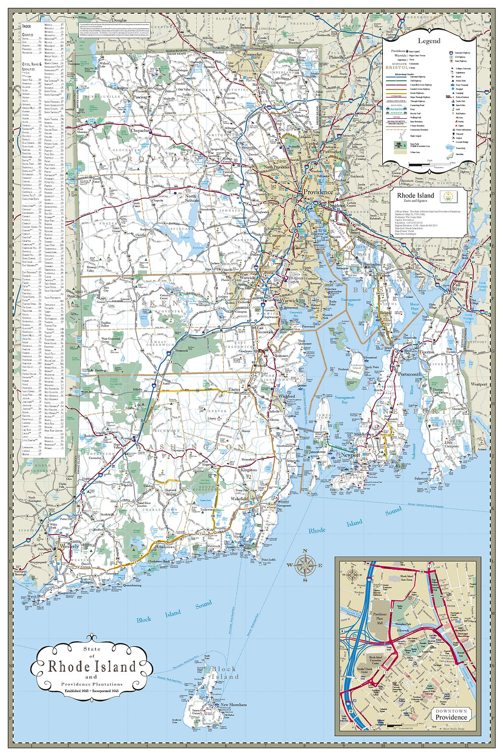 RHODE ISLAND State Highway Wall Map - 24"Wx36"H | coolowlmaps