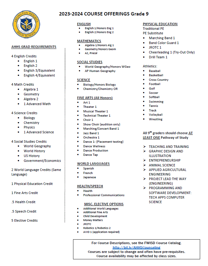 FRESHMAN COURSE OFFERINGS | Arlington Heights HS