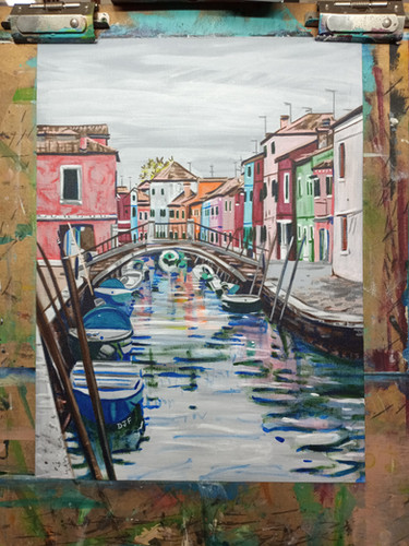 Burano Island on Blue Toned Canvas Paper | Art by DJF