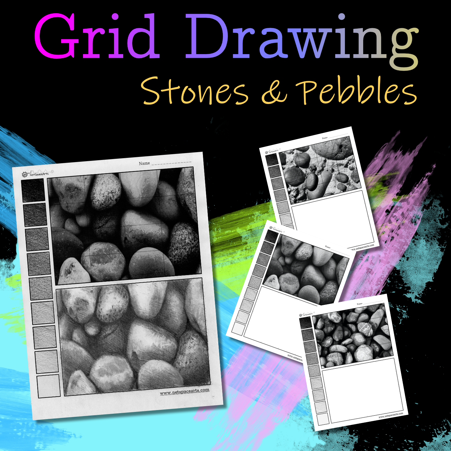 Grid Drawing Templates - Stones & Pebbles - Learn to Draw