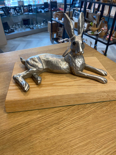 Antique Silver Lying Hare Resin Statue on Oak Base | WARMINSTER ENGRAVING