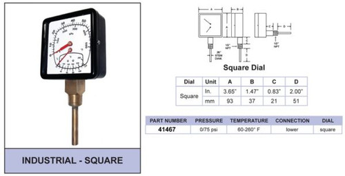 TRIDICATOR GAUGE – SQUARE LM / 60-260F/0-75PSI/3.65″DIAL | Crown Engineering