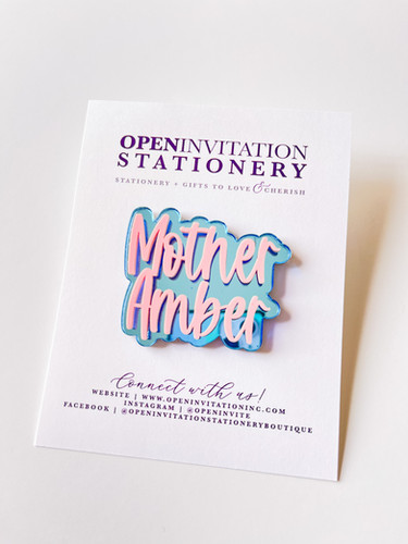 Personalized Acrylic Lapel Pin | Blue and Pink | Open Invitation Stationery
