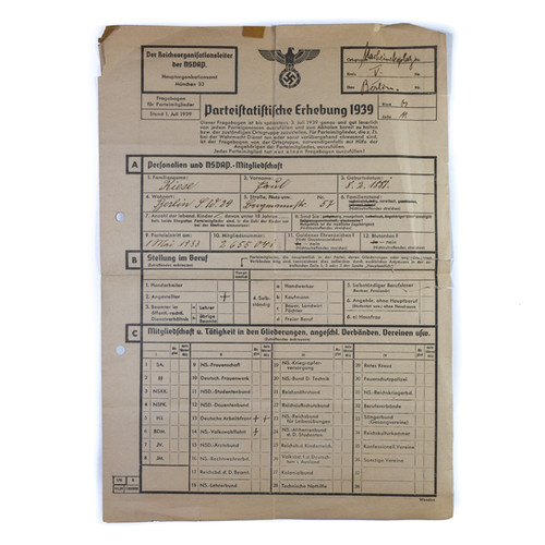 WWII German NSDAP Membership Statistics Survey 1939 | queencitymilitaria