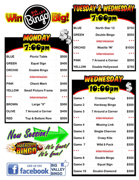 Bingo Schedule | Big Valley Bingo