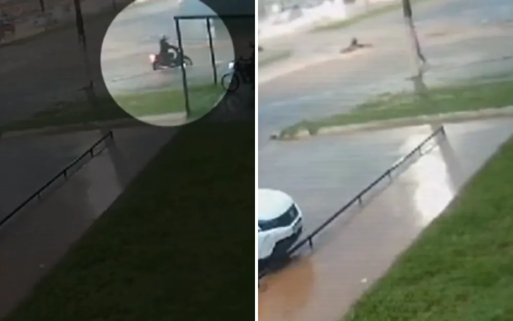 Motociclista é arrastada por enxurrada e fica presa embaixo da moto