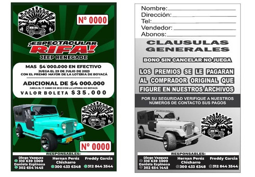Boleta de rifa de carro | Rifas Mera D