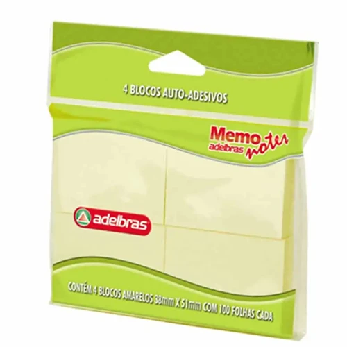BLOCO DE NOTAS ADESIVAS MEMO NOTE ADELBRAS 38X51MM - 4 BLOCOS AMARELO ...