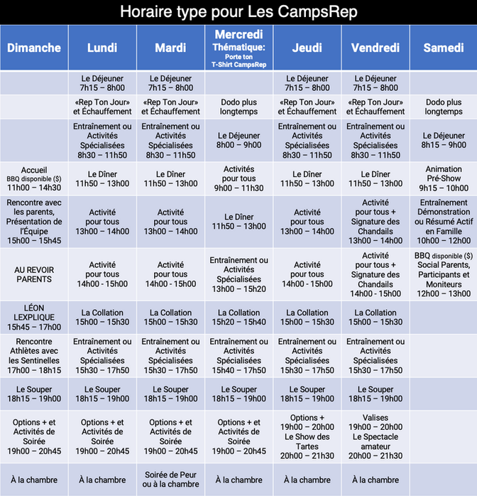 Horaire type pour les CampsRep | Les CampsRep