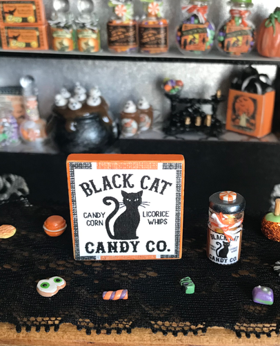 Mini Halloween Dollhouse Set, 1:12 "Black Cat Candy Co." Wooden Sign ...