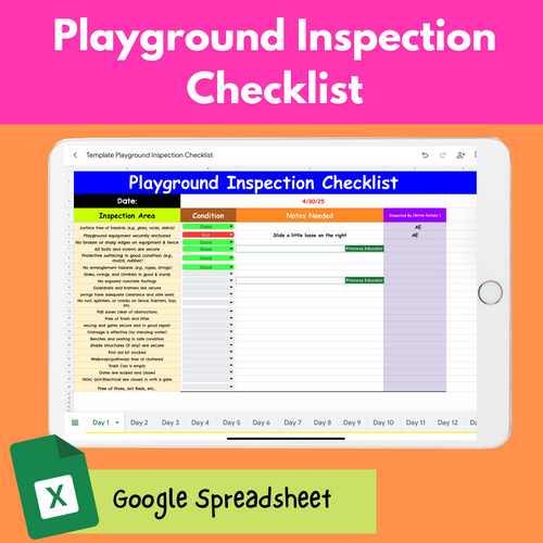 Playground Inspections Checklist Google Spreadsheet | Princess Educator