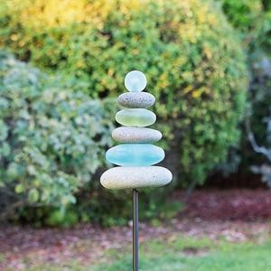 River Rock and Recycled Glass Harmony Cairn Garden Stake | Awesome Stones